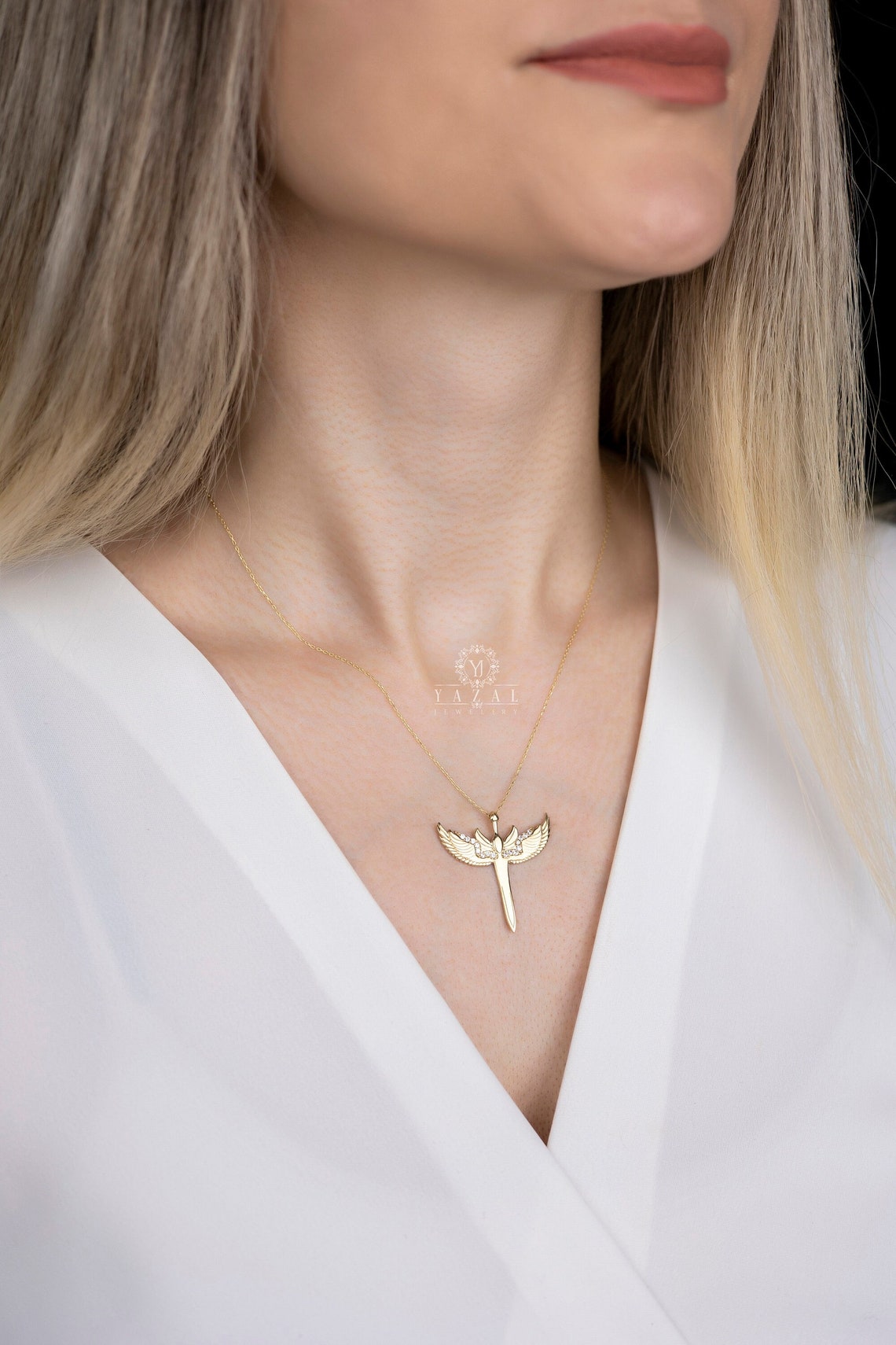 14K Gold Angel Pendant, Angel Necklace, Angel With Diamond, Gift for ...