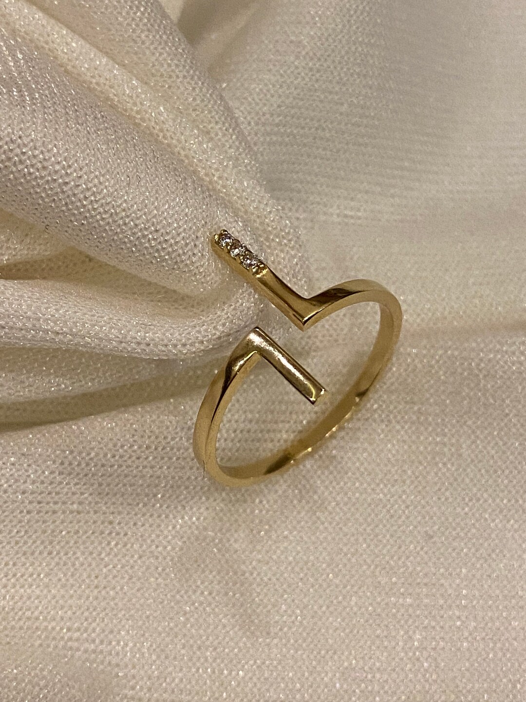 14K Gold Split Bar Open Ring, Gold T Bar Ring, Parallel Bar Ring, T ...