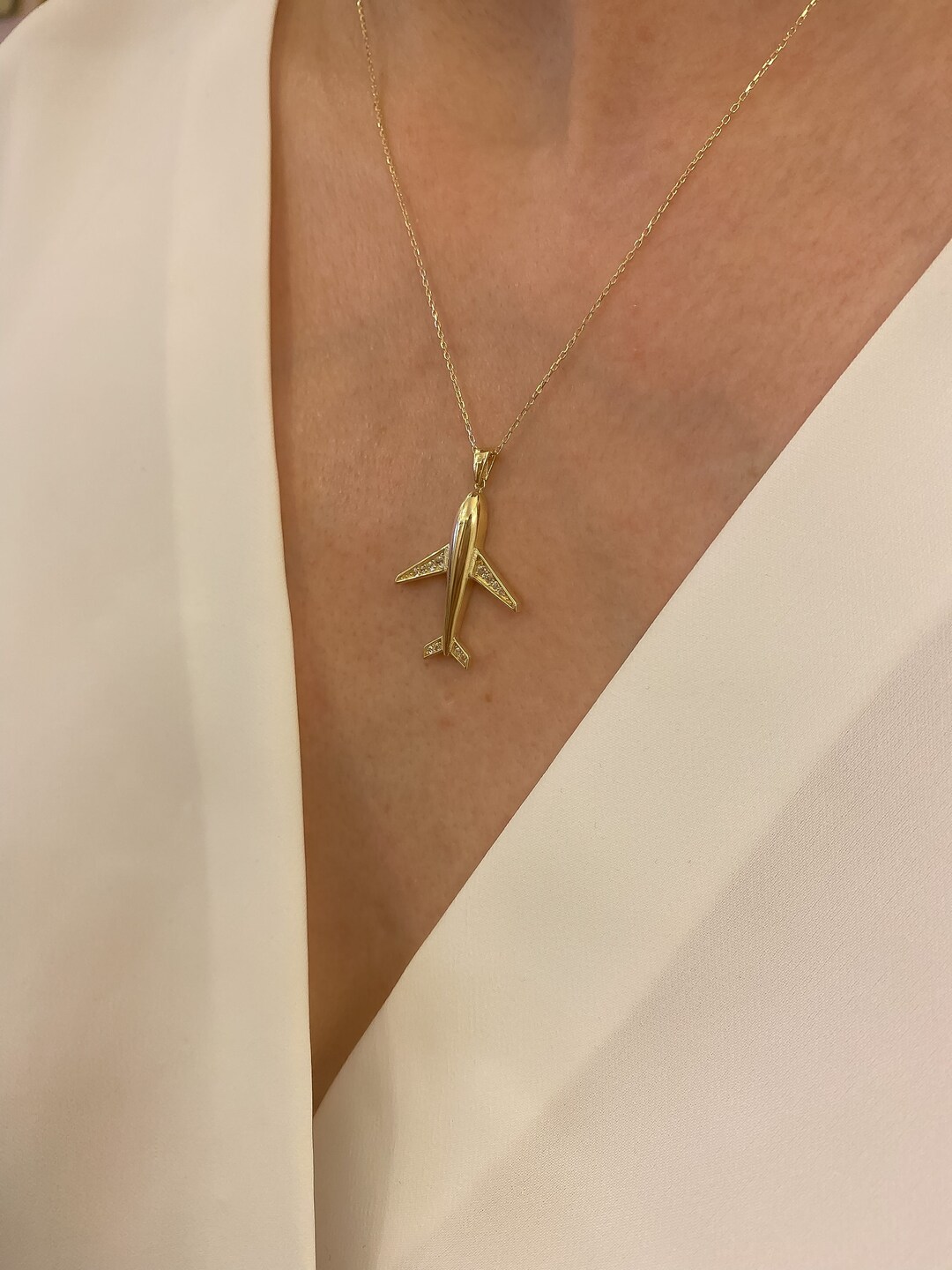 14k Gold Airplane Necklace, Gold Plane Charm,aviation Staff Gift ...