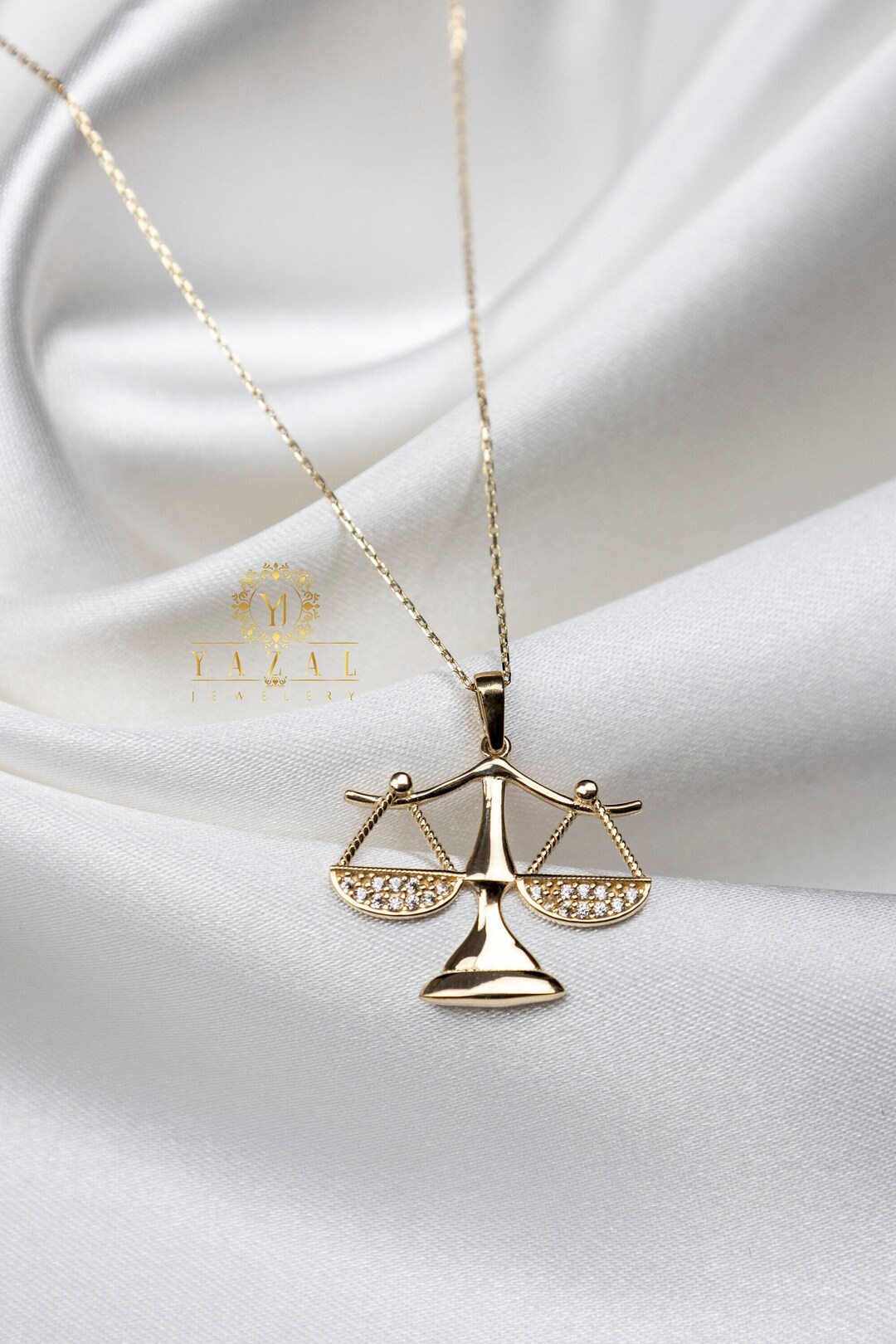 14k Solid Gold Scale of Justice Pendant, Gold Libra Zodiac Charm, Gold ...
