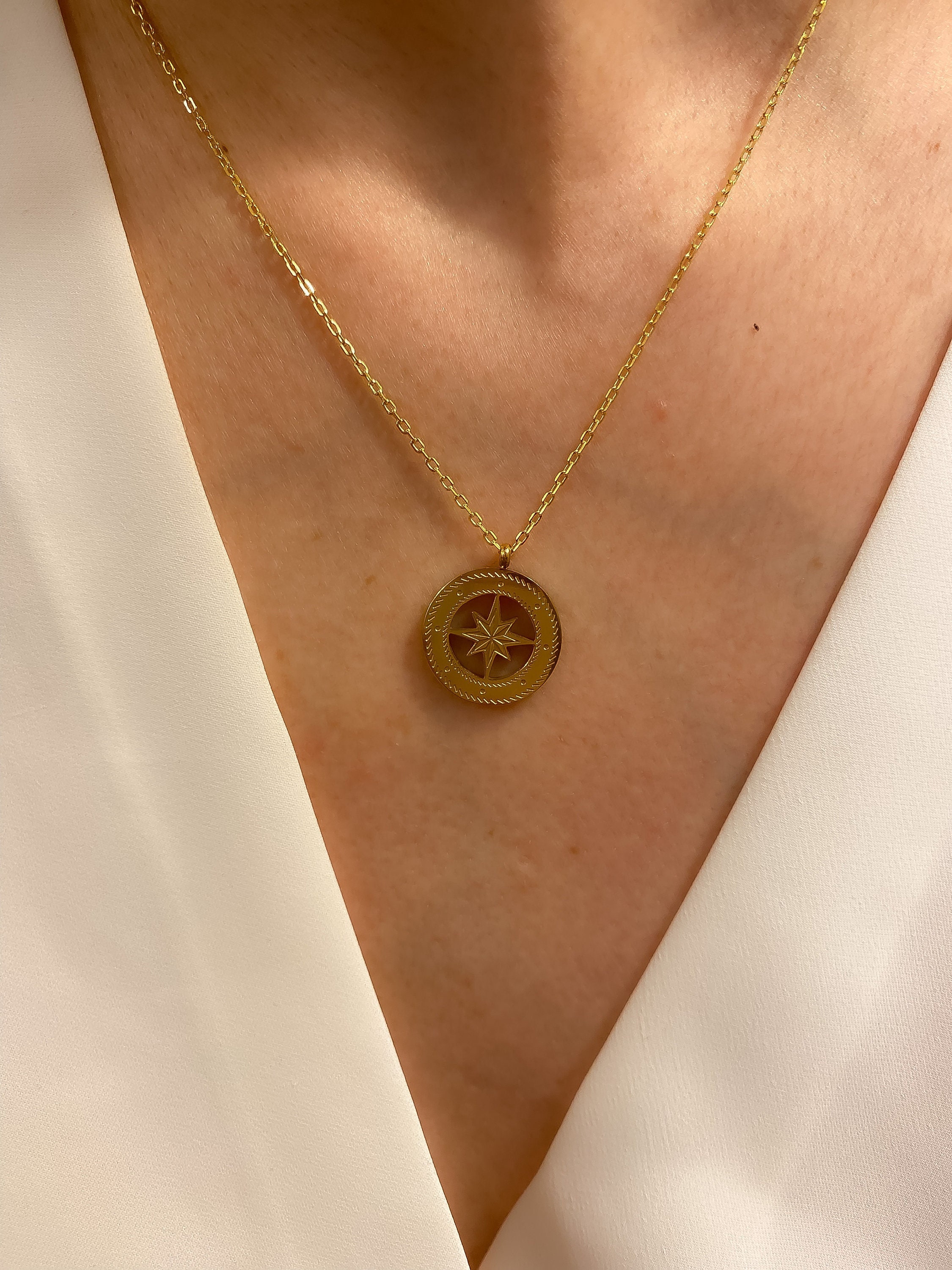 14K Gold Compass Necklace,north Star Necklace,travelers Necklace,gold ...