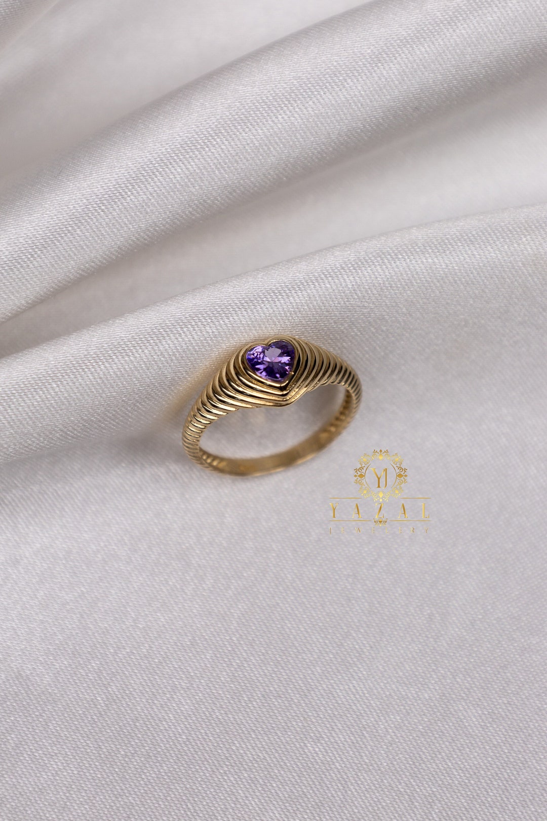 14K Gold Purple Stone Heart Ring, 14k Love Ring, Minimalist Ring, Real ...