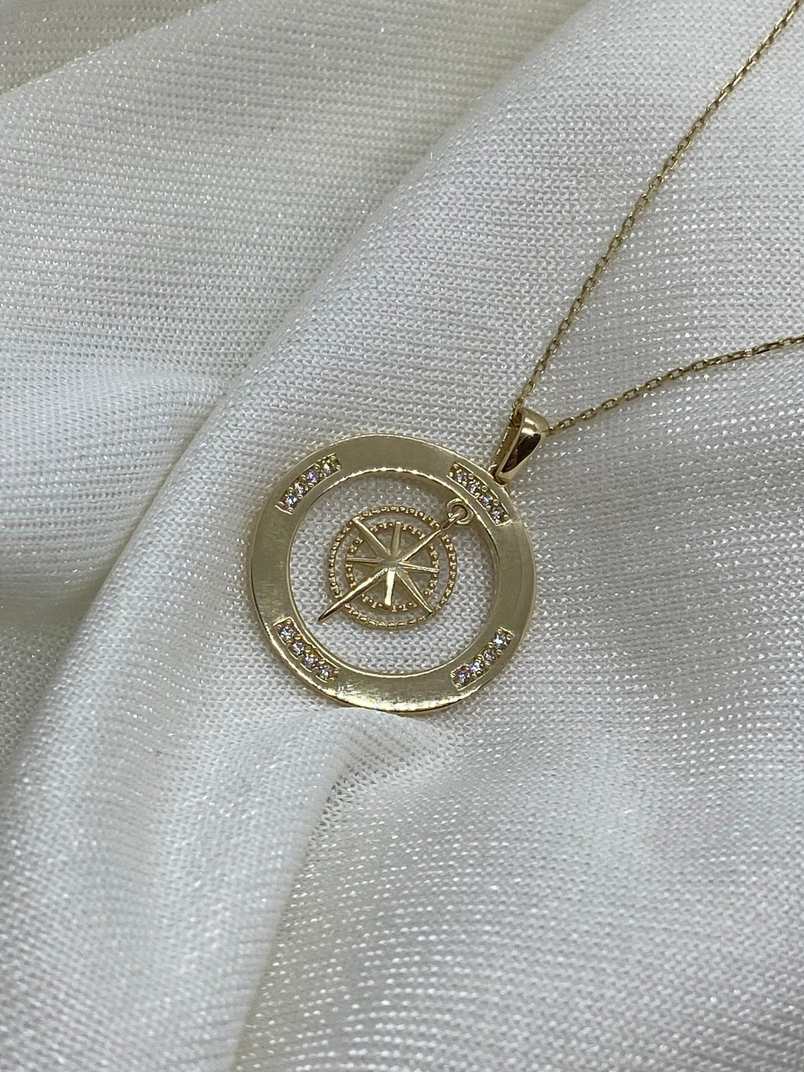 14K Gold Compass Necklace Compass With Diamond Charm Compass | Etsy