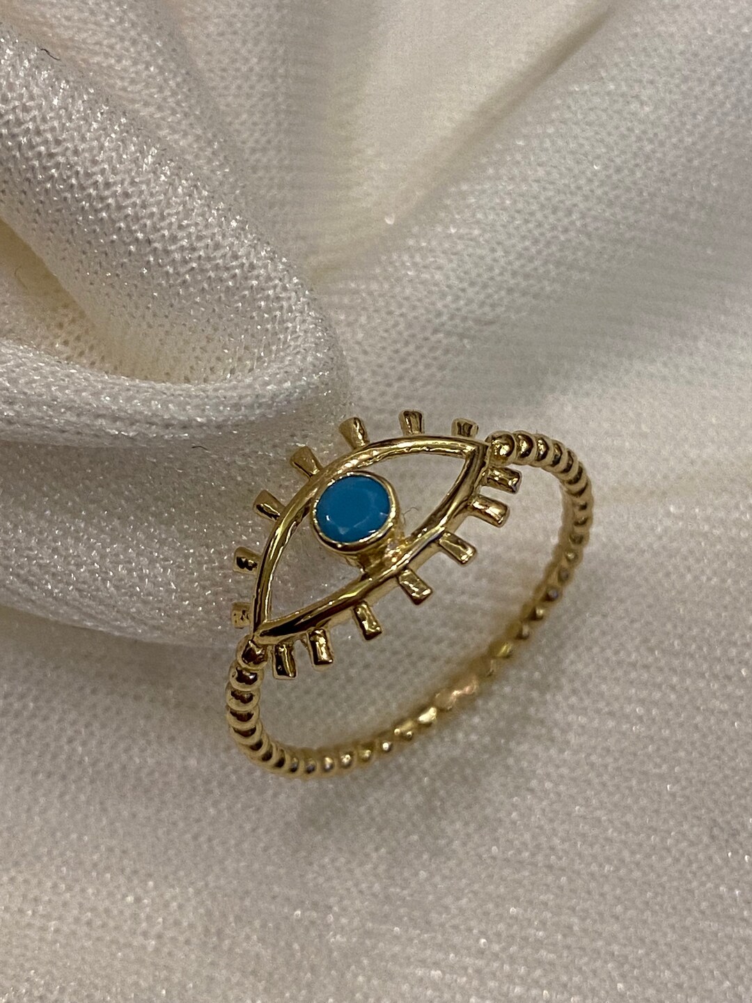 14k Solid Gold Evil Eye Ring, Blue Evil Eye Ring, Hand-made Ring ...