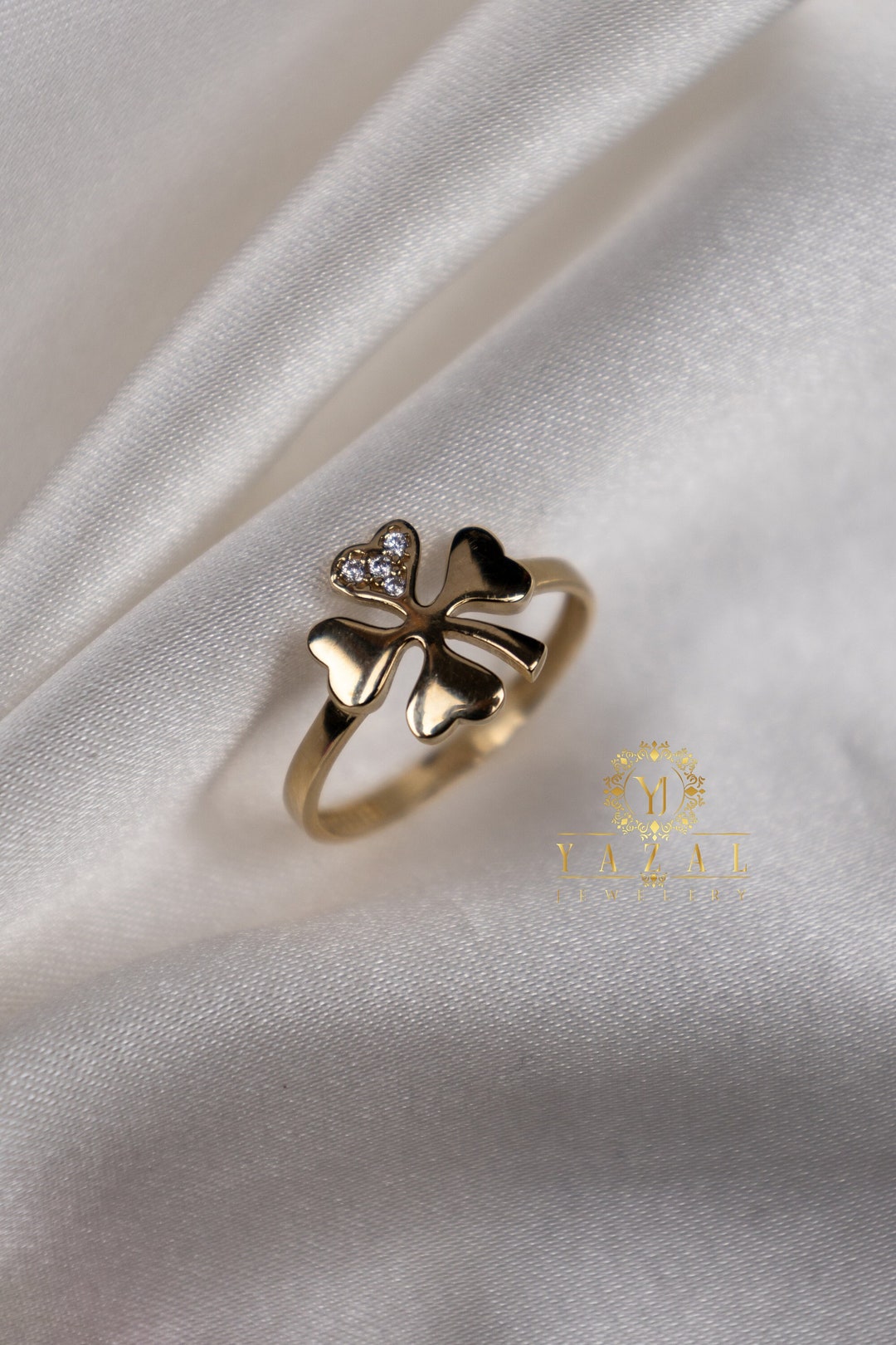 14K Gold 4 Leaf Clover Ring, 14k Stone Clover Ring, Minimalist Ring ...