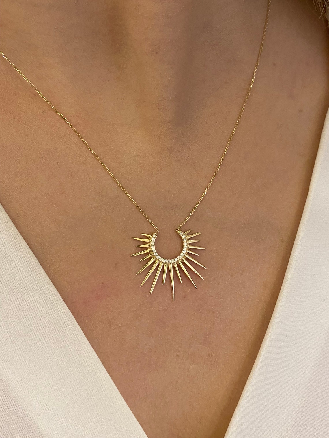 14K Gold Sunburst Necklace, Spikey Gold Sun Pendant, Crescent Necklace ...