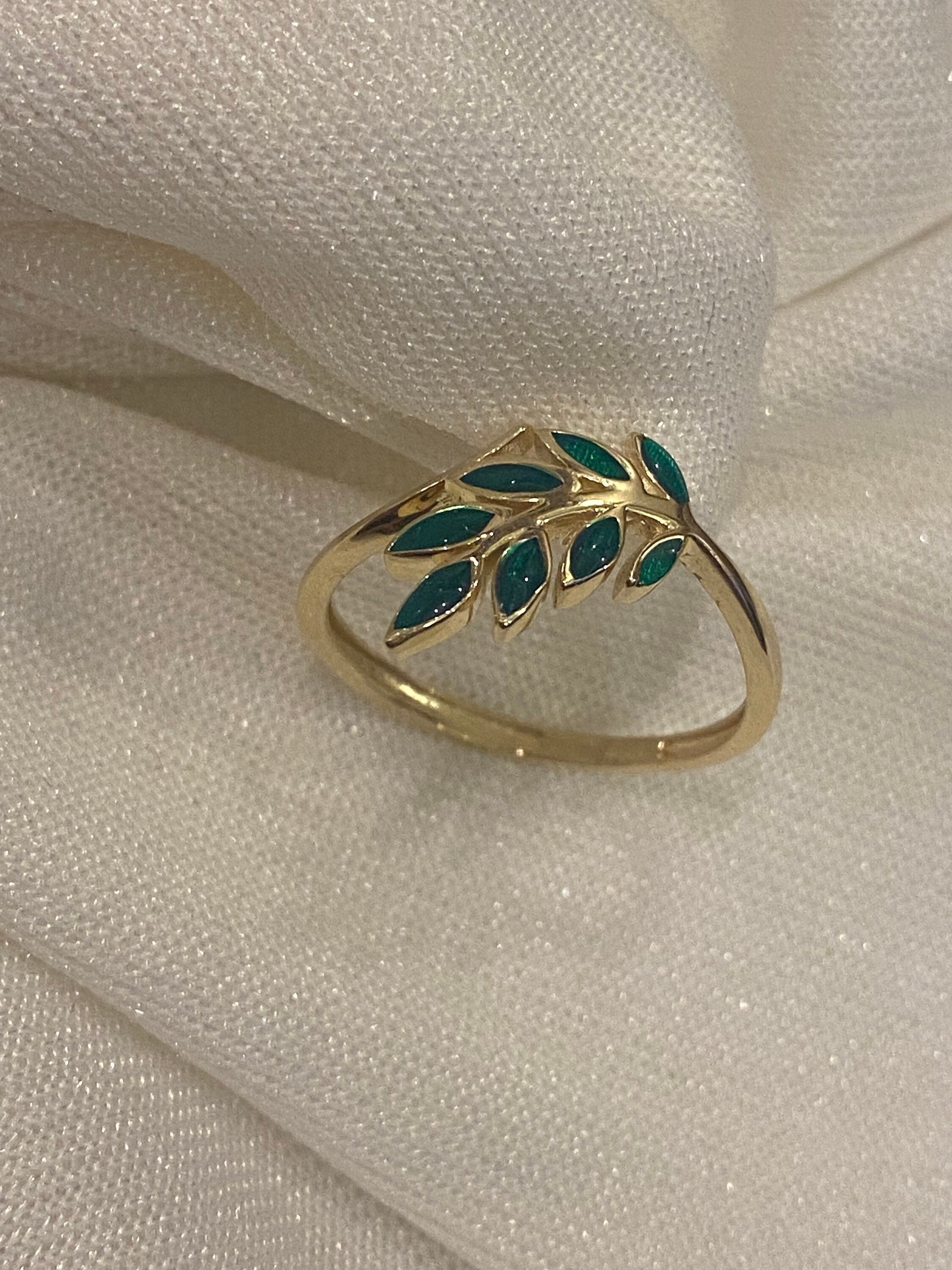 14k Gold Leaf Ring, Gold Olive Leaf Branch Ring, Gold Green Leaf Ring ...