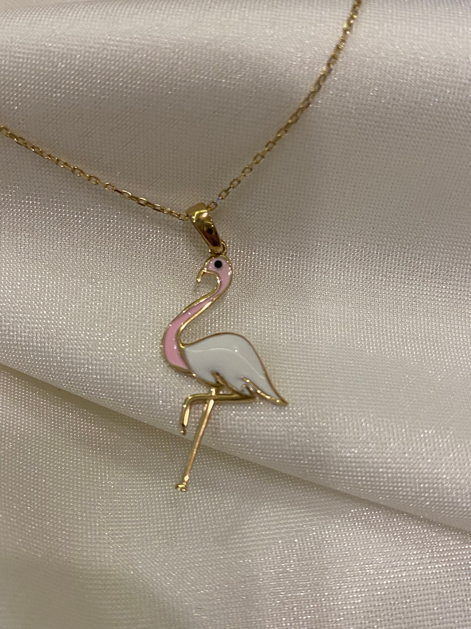 14K Solid Gold Flamingo Necklace, Real Gold With Enamel, Flamingo Charm ...