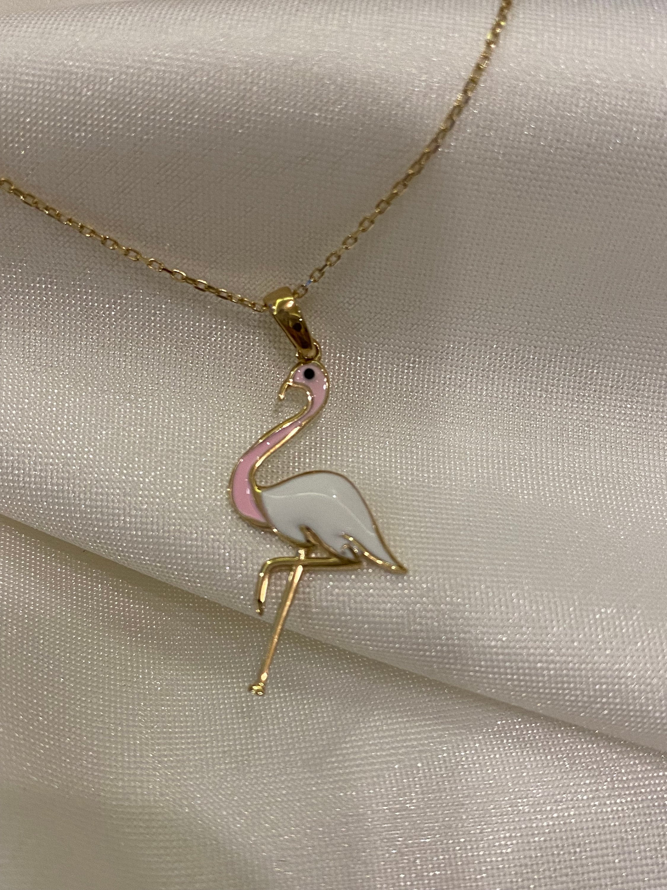 14K Solid Gold Flamingo Necklace, Real Gold With Enamel, Flamingo Charm ...