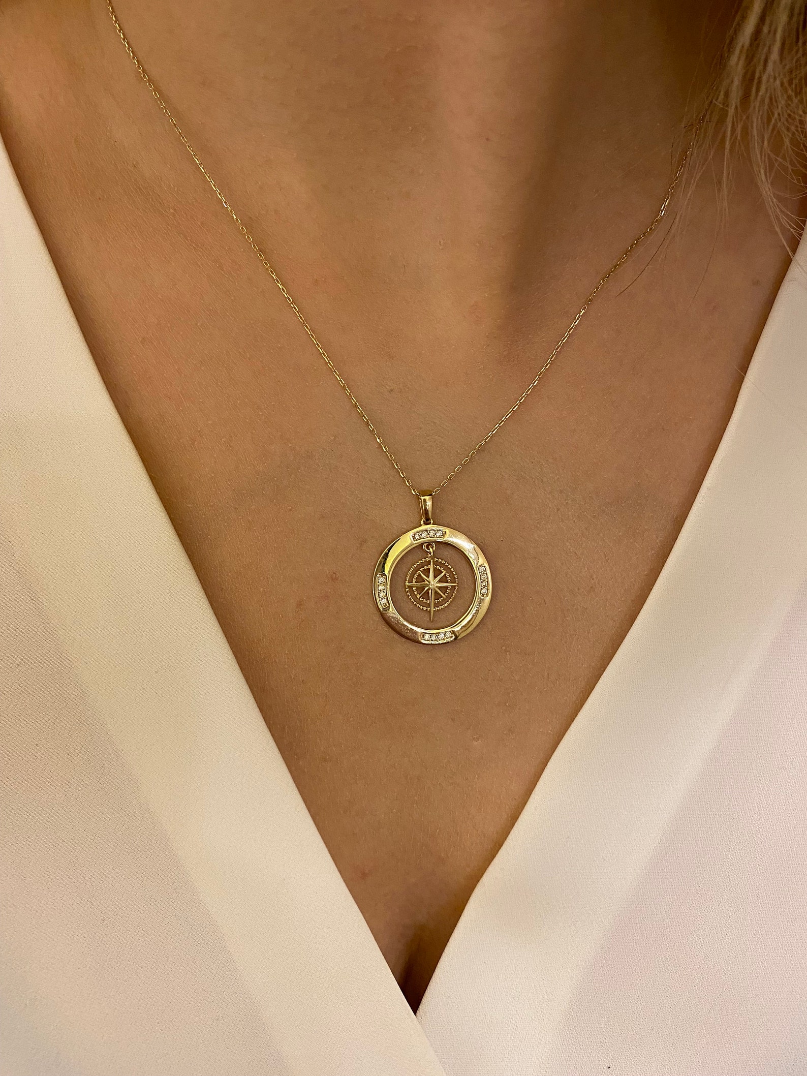 14K Gold Compass Necklace Compass With Diamond Charm Compass - Etsy