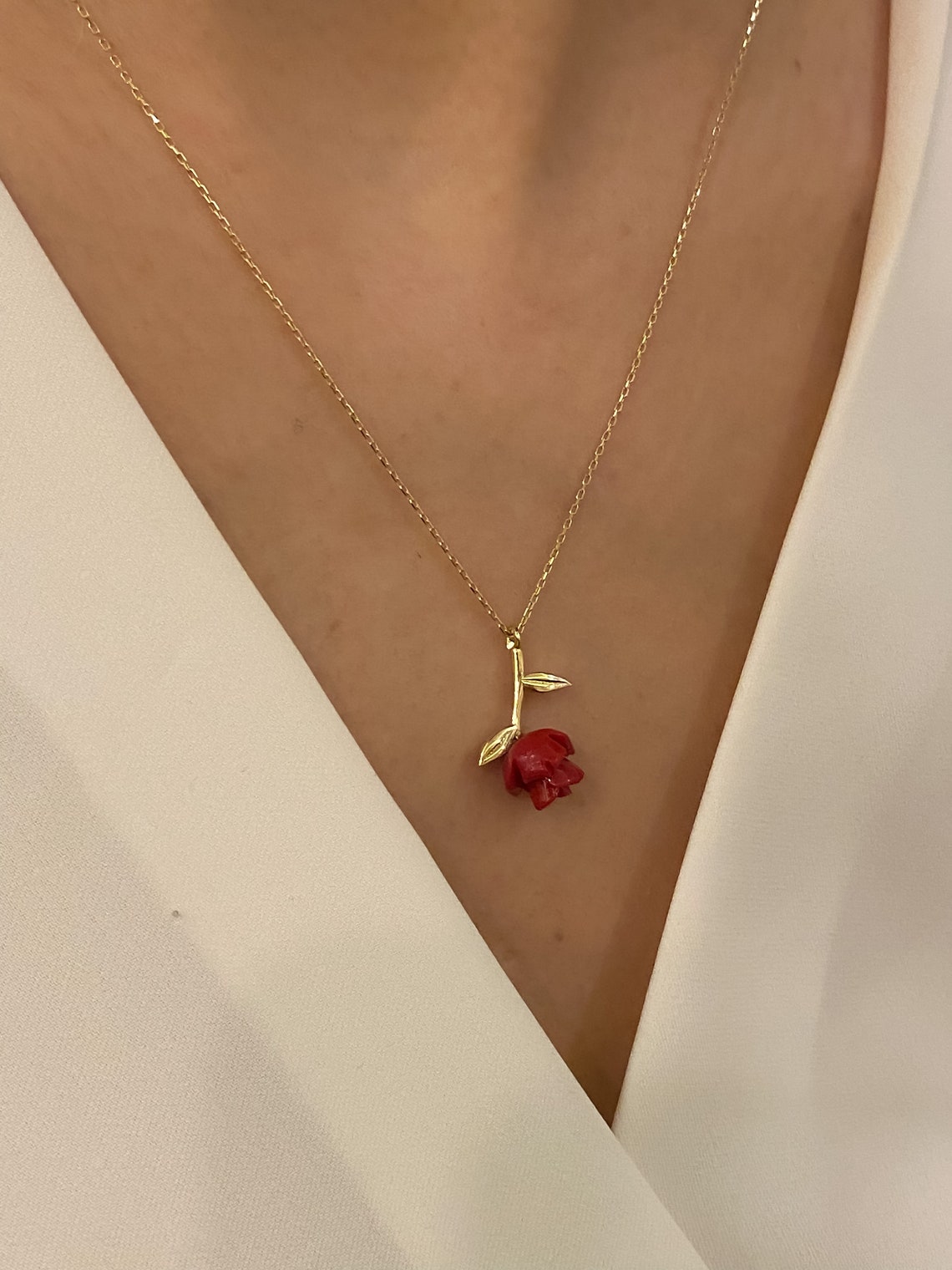 14K Solid Gold Rose Charm Necklace, Dainty Red Rose Pendant, Handmade ...