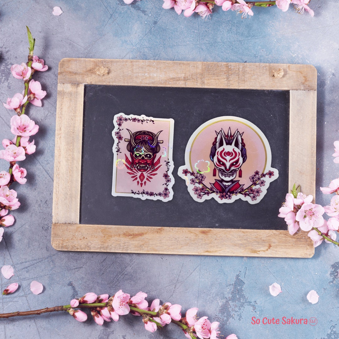 Holographic Sakura Stickers 2 Set Oni and Kabuki Kitsune Geisha Sakura ...