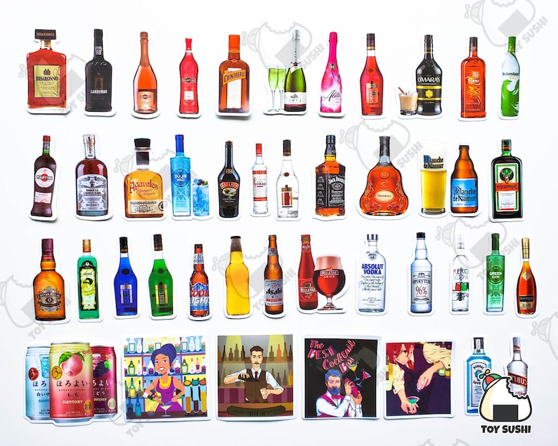 65 Pcs alcohol Bottles Sticker Pack Whiskey Beer Stickers Vodka Alcohol ...