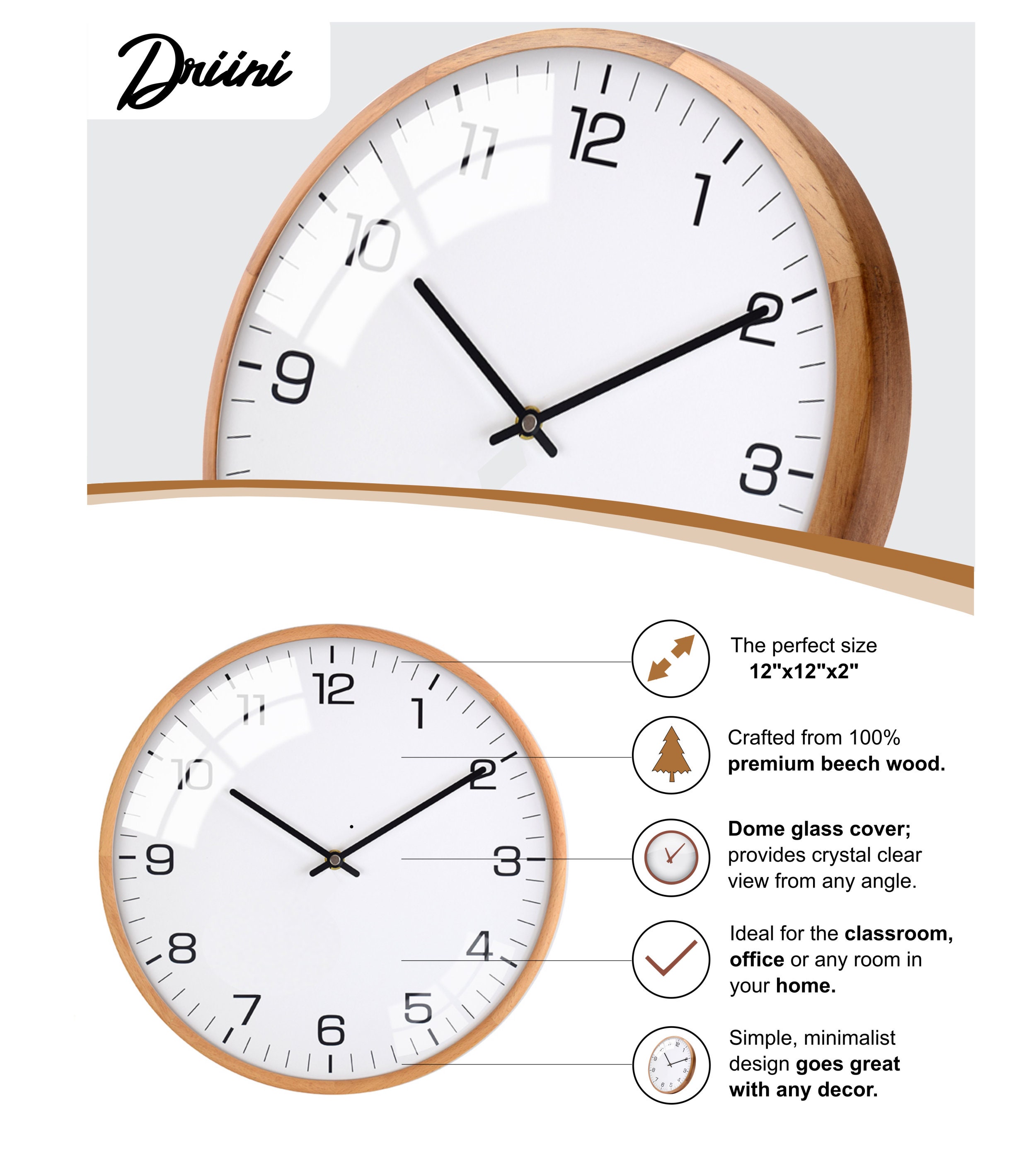 Driini Analog Dome Glass Wall Clock Wood Frame With Two-tone - Etsy Canada