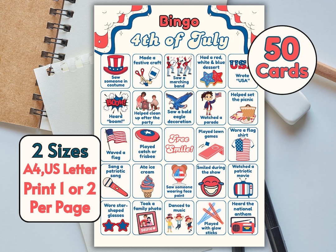 4th of July Bingo Game Printable - 50 Cards | Family BBQ Activity, Kids ...