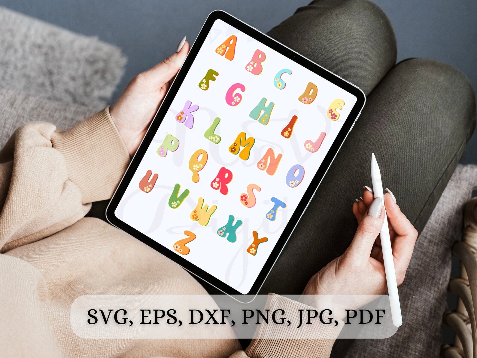 Set of 26 Groovy Letter Png, Groovy Alphabet Doodle Flower Gift Tag Png ...