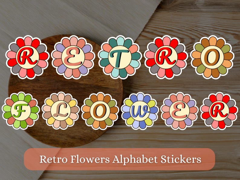 Set of 36 Groovy Letter Png, Retro Alphabet Doodle Flower Gift Tag Png ...