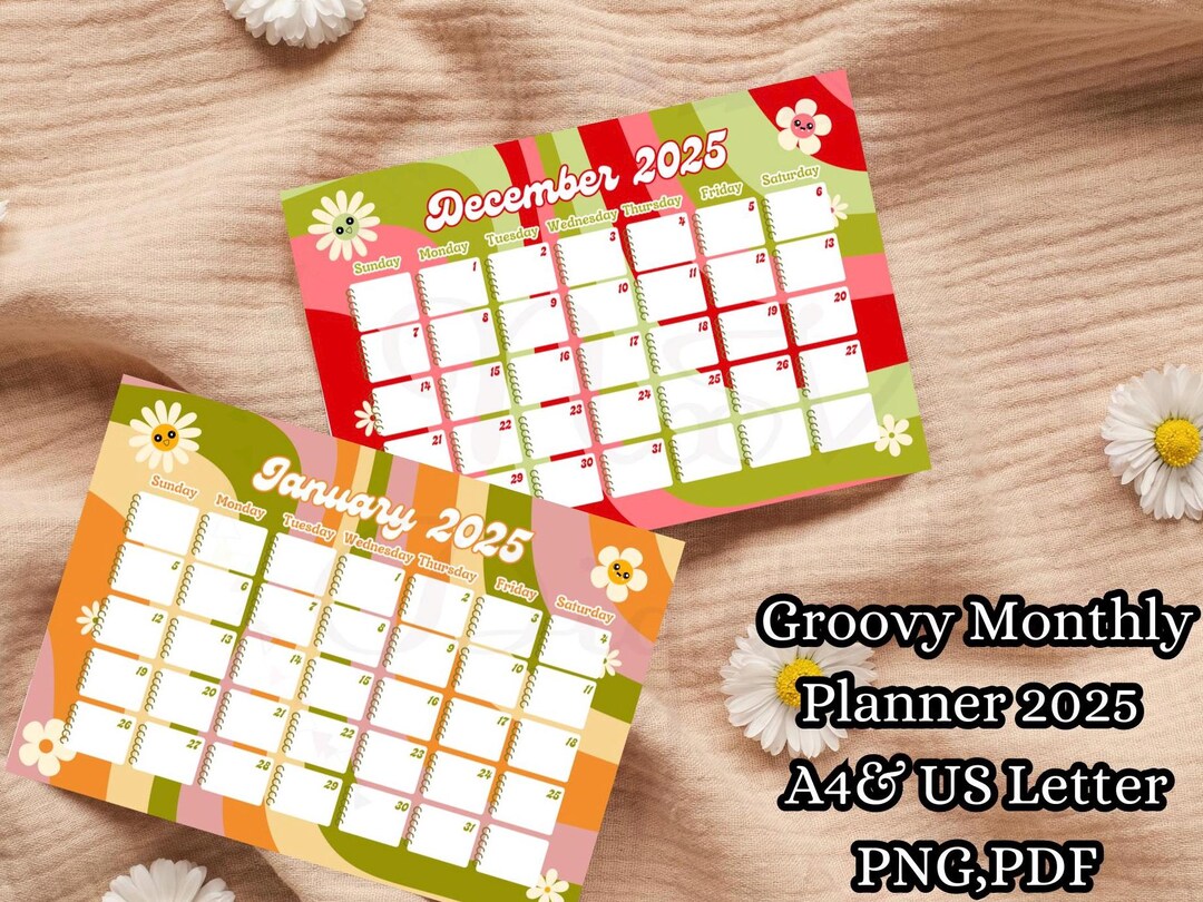 Groovy Floral Monthly Planner Calendar 2025 Png, Printable Groovy ...