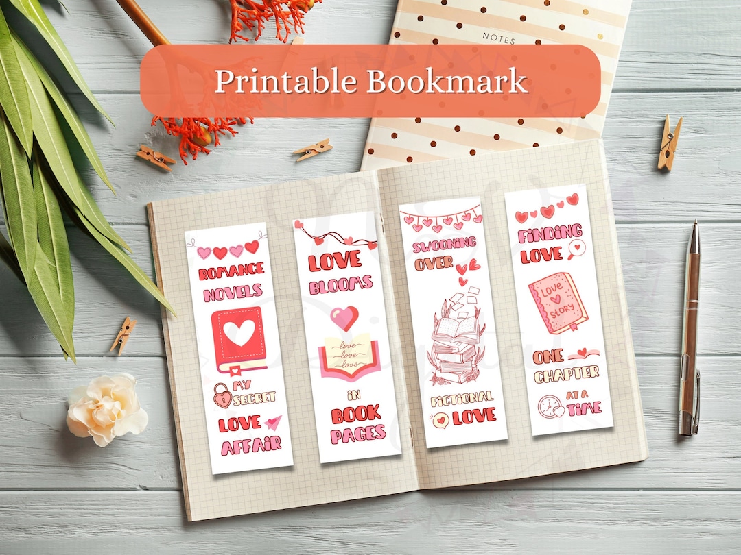 Printable Bookmark Romance, Set of 4 Downloadable Bookmarks, Cute ...