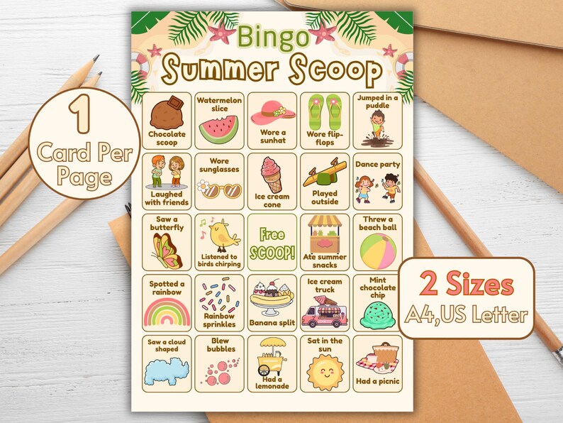 Summer Bingo Printable Game for Kids – Ice Cream Fun, A4 and US Letter ...