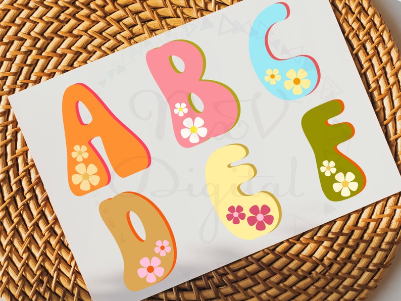 Set of 26 Groovy Letter Png, Groovy Alphabet Doodle Flower Gift Tag Png ...