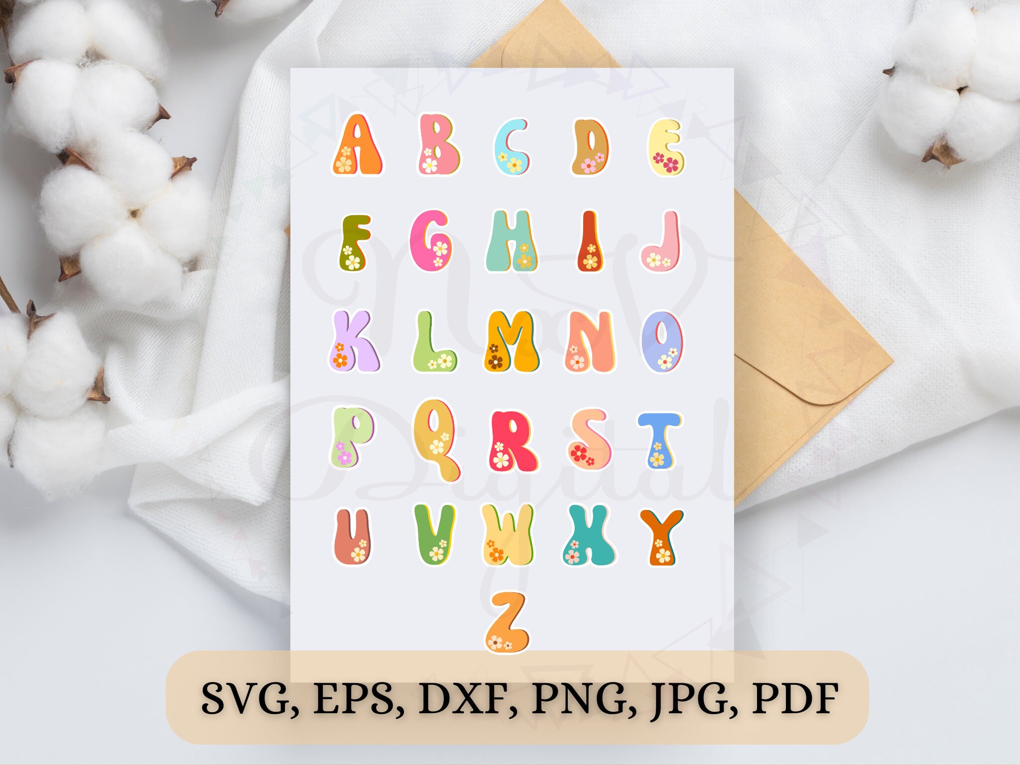 Set of 26 Groovy Letter Png, Groovy Alphabet Doodle Flower Gift Tag Png ...