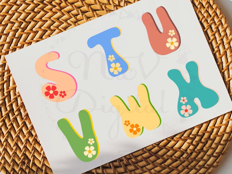 Set of 26 Groovy Letter Png, Groovy Alphabet Doodle Flower Gift Tag Png ...