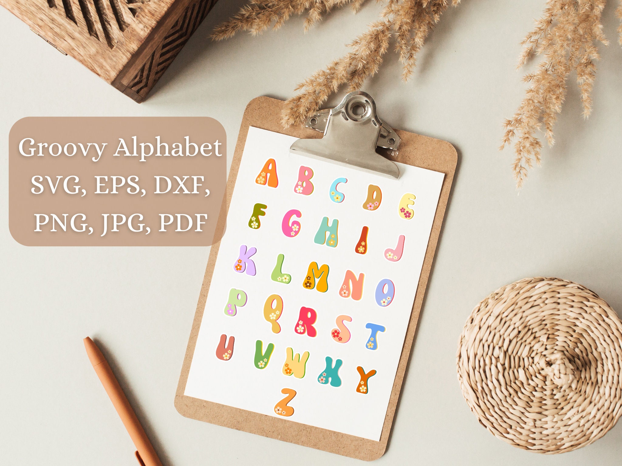 Set of 26 Groovy Letter Png, Groovy Alphabet Doodle Flower Gift Tag Png ...