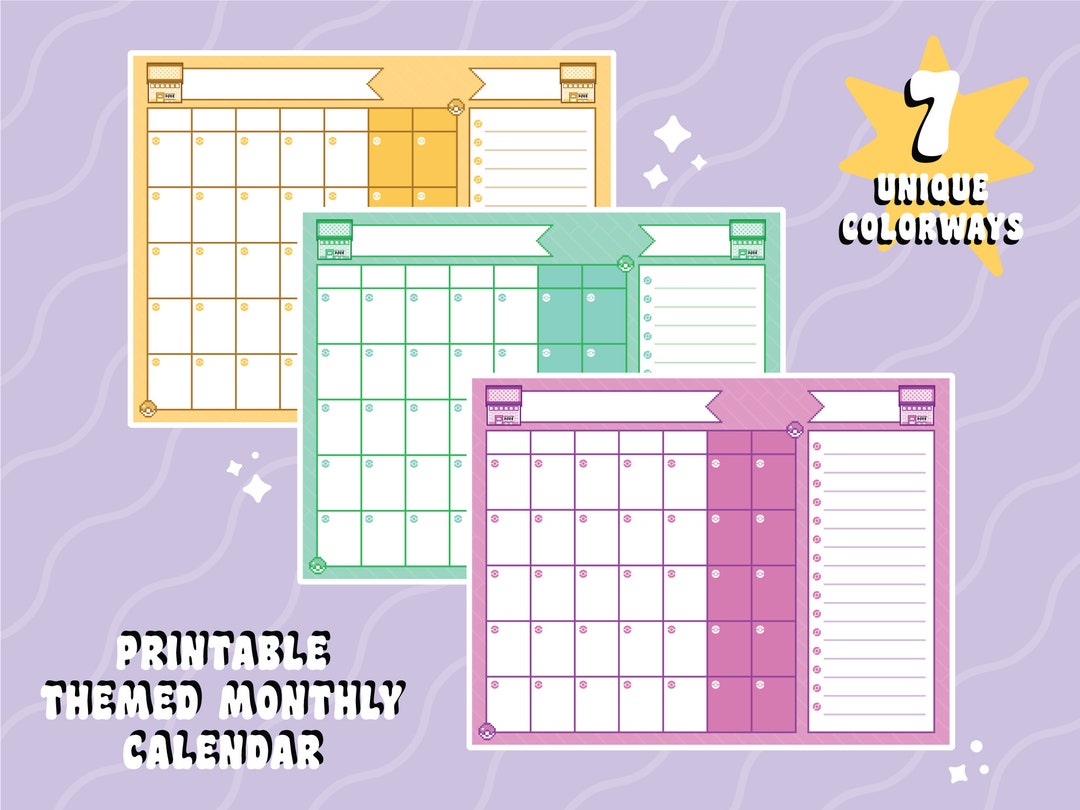 8.5 X 11 PRINTABLE Undated Monthly Calendar Digital Download Pokemon ...