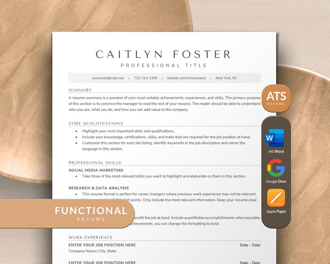 Functional Resume Template, ATS Friendly Resume Template Word, Google ...