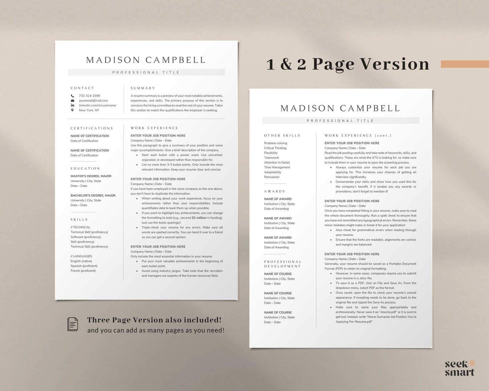 Resume Template Word Google Docs Apple Pages Mac Modern - Etsy