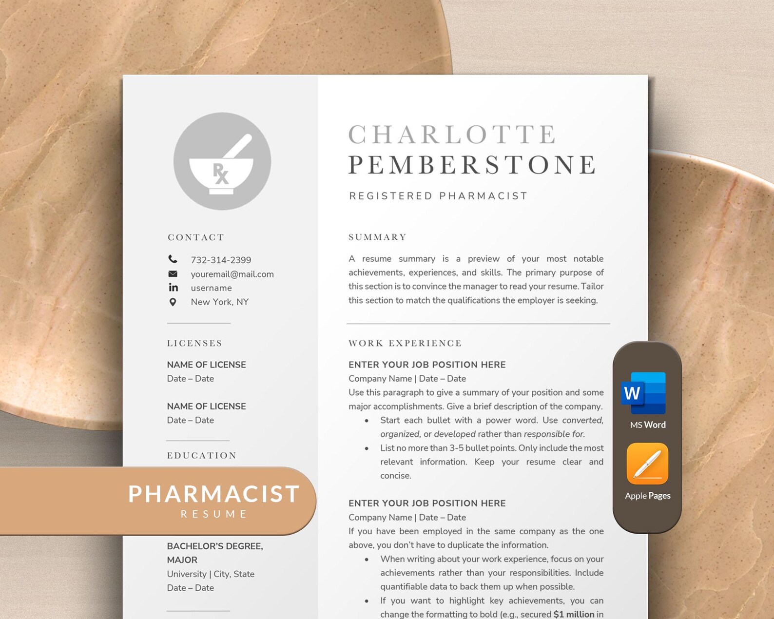 Pharmacist Resume Template Word, Apple Pages Mac | Pharmacy Resume CV ...