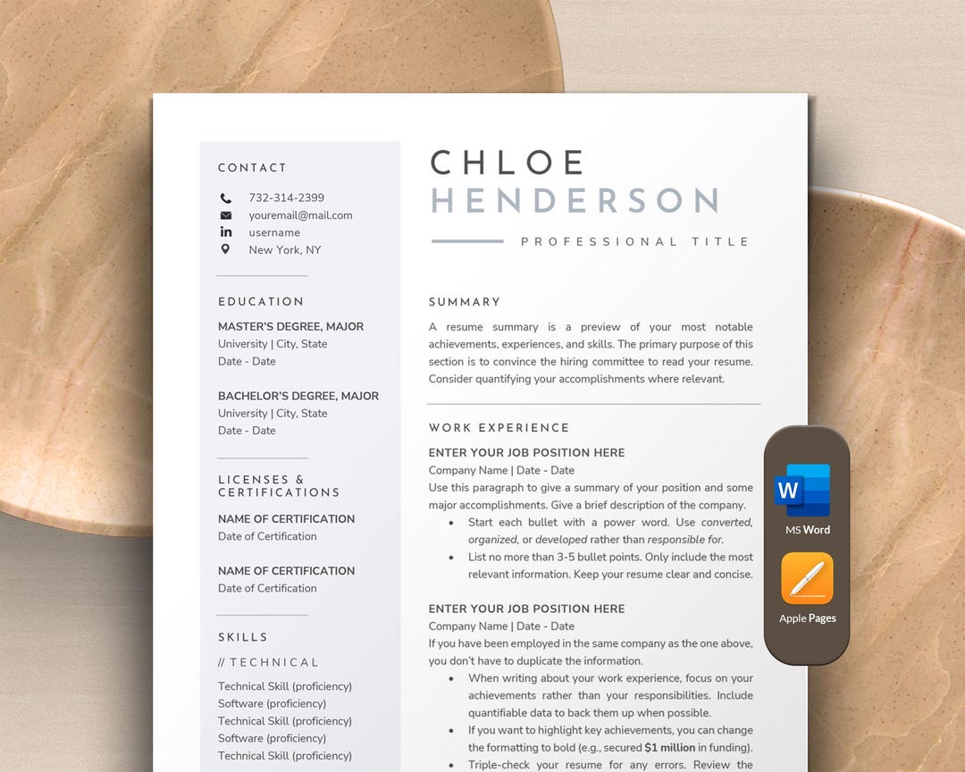 Resume Template, CV Template Word, Apple Pages Resume Template Word ...