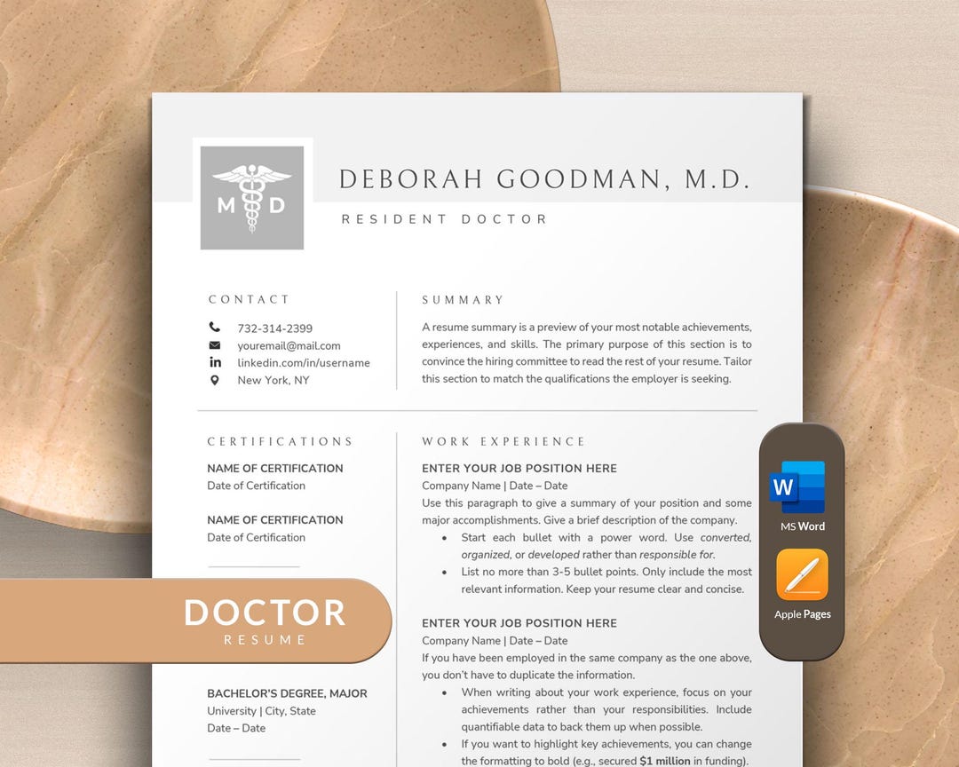 Medical Doctor Resume Template Word, Apple Pages Mac, One 1 Two 2 Page ...