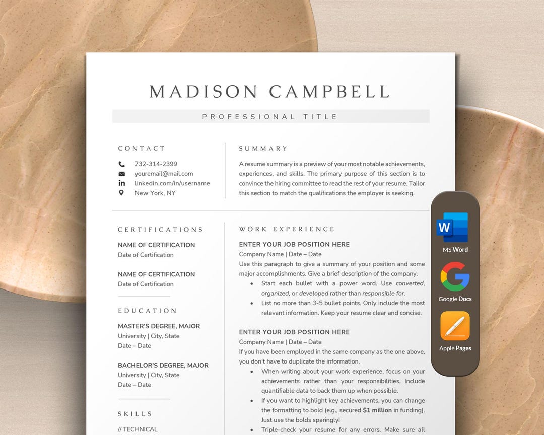 Resume Template Word, Google Docs, Apple Pages Mac | Modern ...