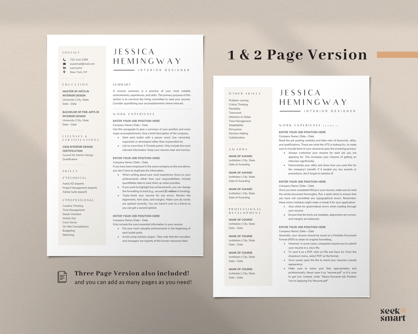 Interior Designer Resume Template Word, Apple Pages Mac | Professional ...