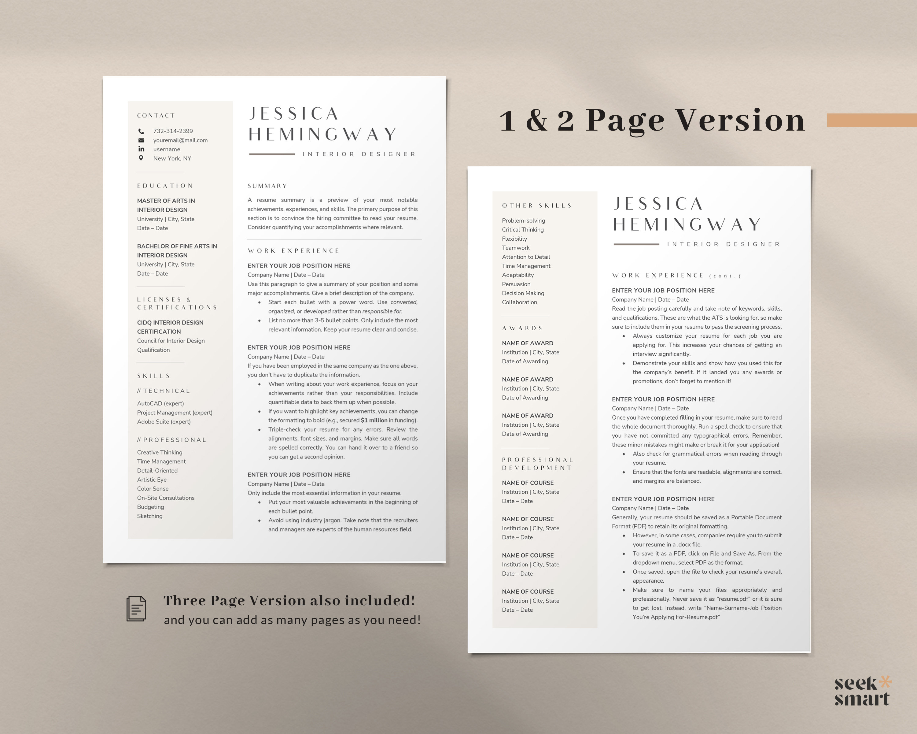 Interior Designer Resume Template Word, Apple Pages Mac | Professional ...