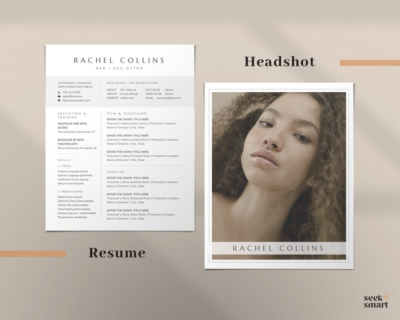 Actor Resume Template With Headshot and Cover Letter 8x10 Size Actress ...