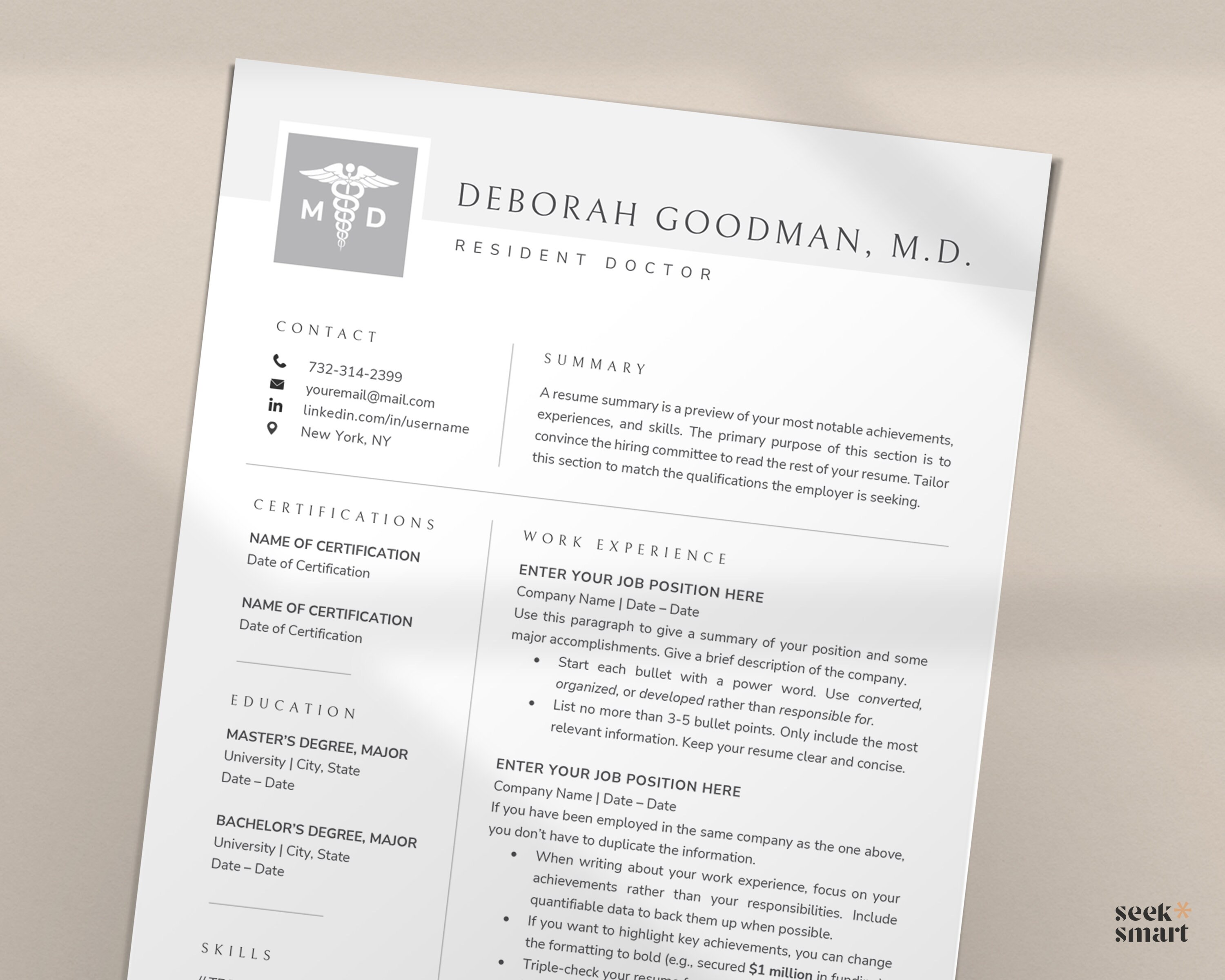 Medical Doctor Resume Template Word, Apple Pages Mac, One 1 Two 2 Page ...