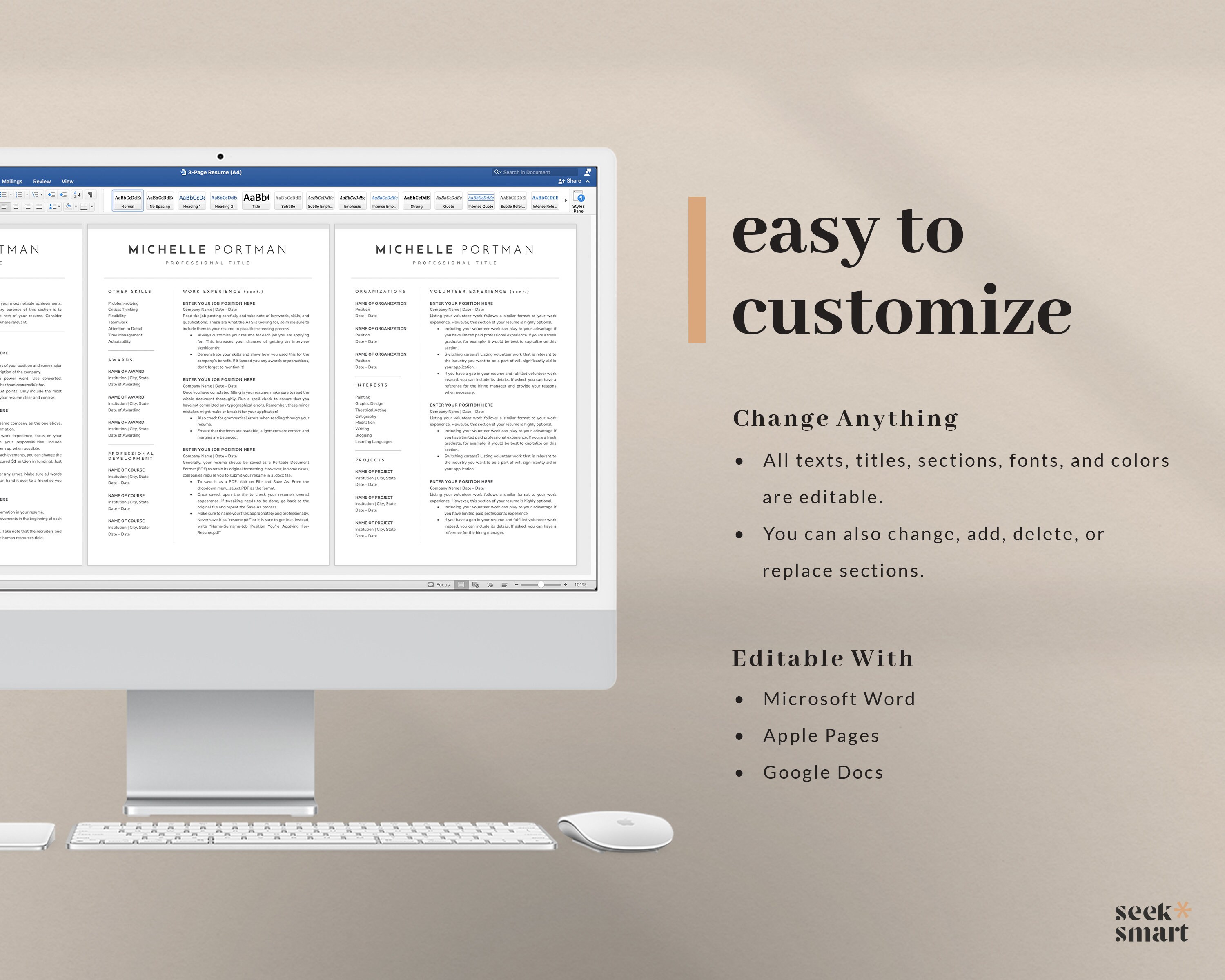 Clean Resume Template Word, Google Docs, Apple Pages Mac | Executive ...