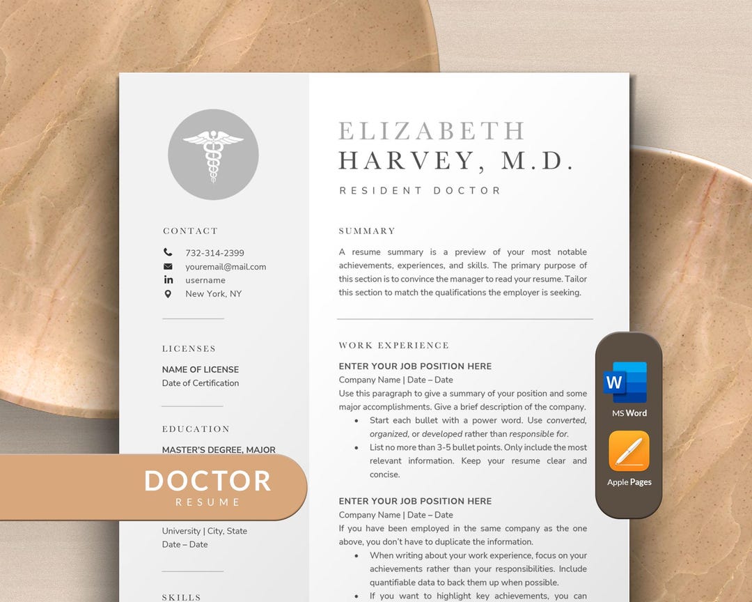 Doctor Resume Template Word, Apple Pages Mac | Medical Resume Template ...
