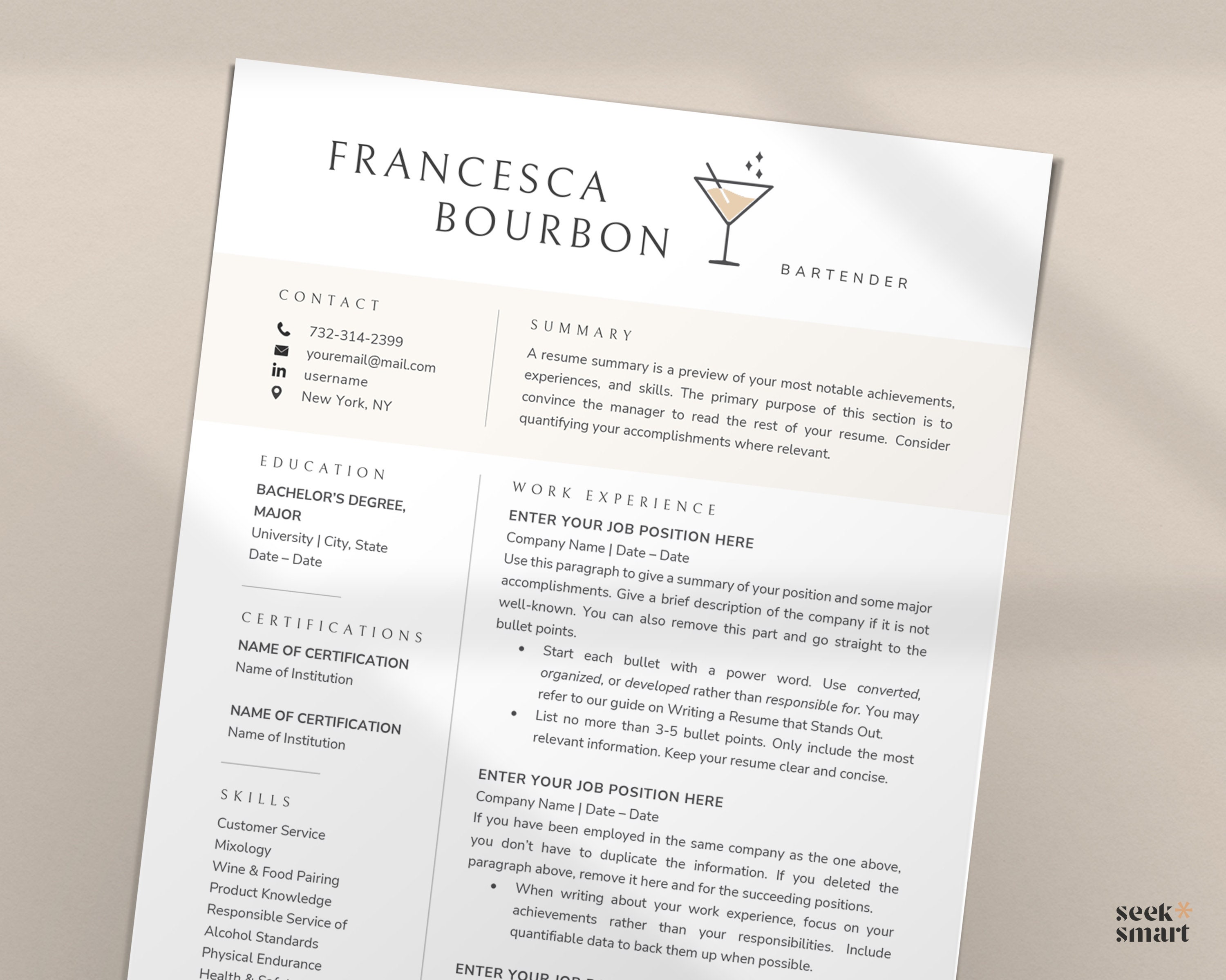 Bartender Resume Template Word, Apple Pages Mac | Hospitality Resume CV ...