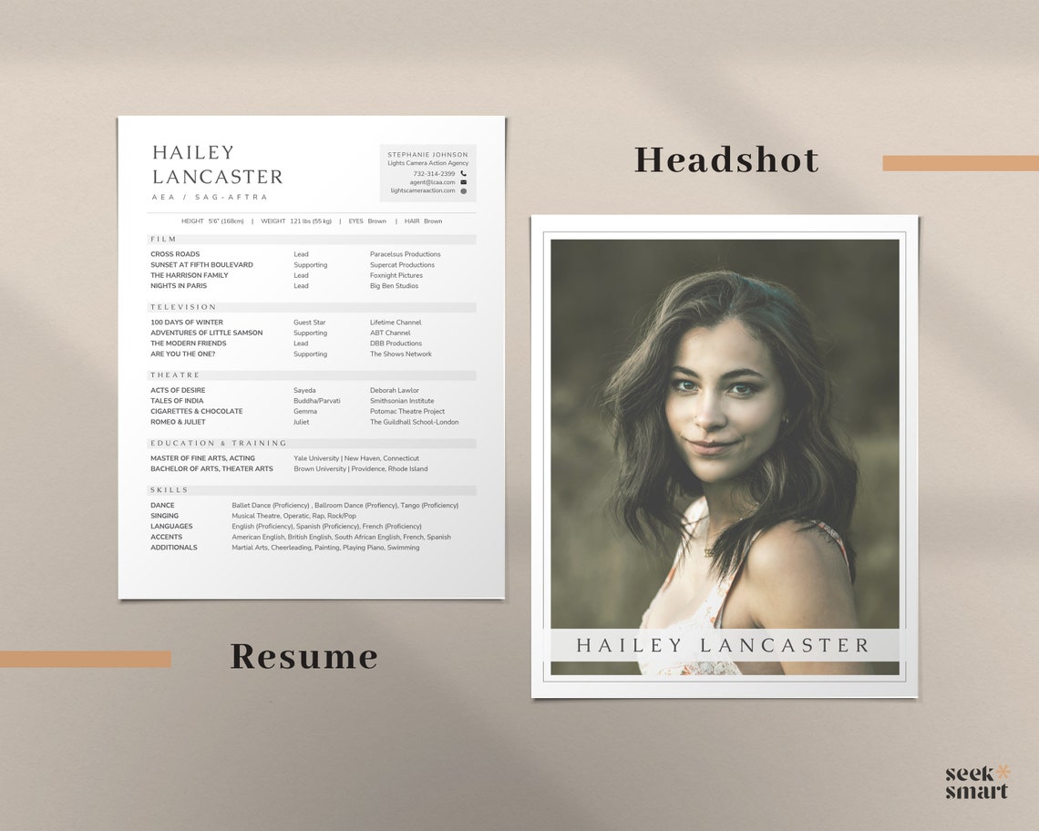 Actor Resume Template With Headshot and Cover Letter 8x10 Size, Theatre ...