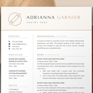 Pastry Chef Resume Template, Baker Resume Template, Pâtissière Resume ...