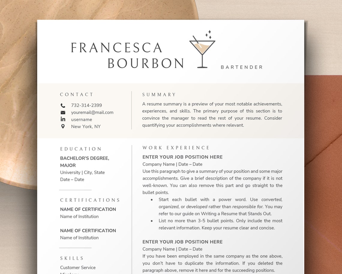 Bartender Resume Template Word, Apple Pages Mac Hospitality Resume CV ...