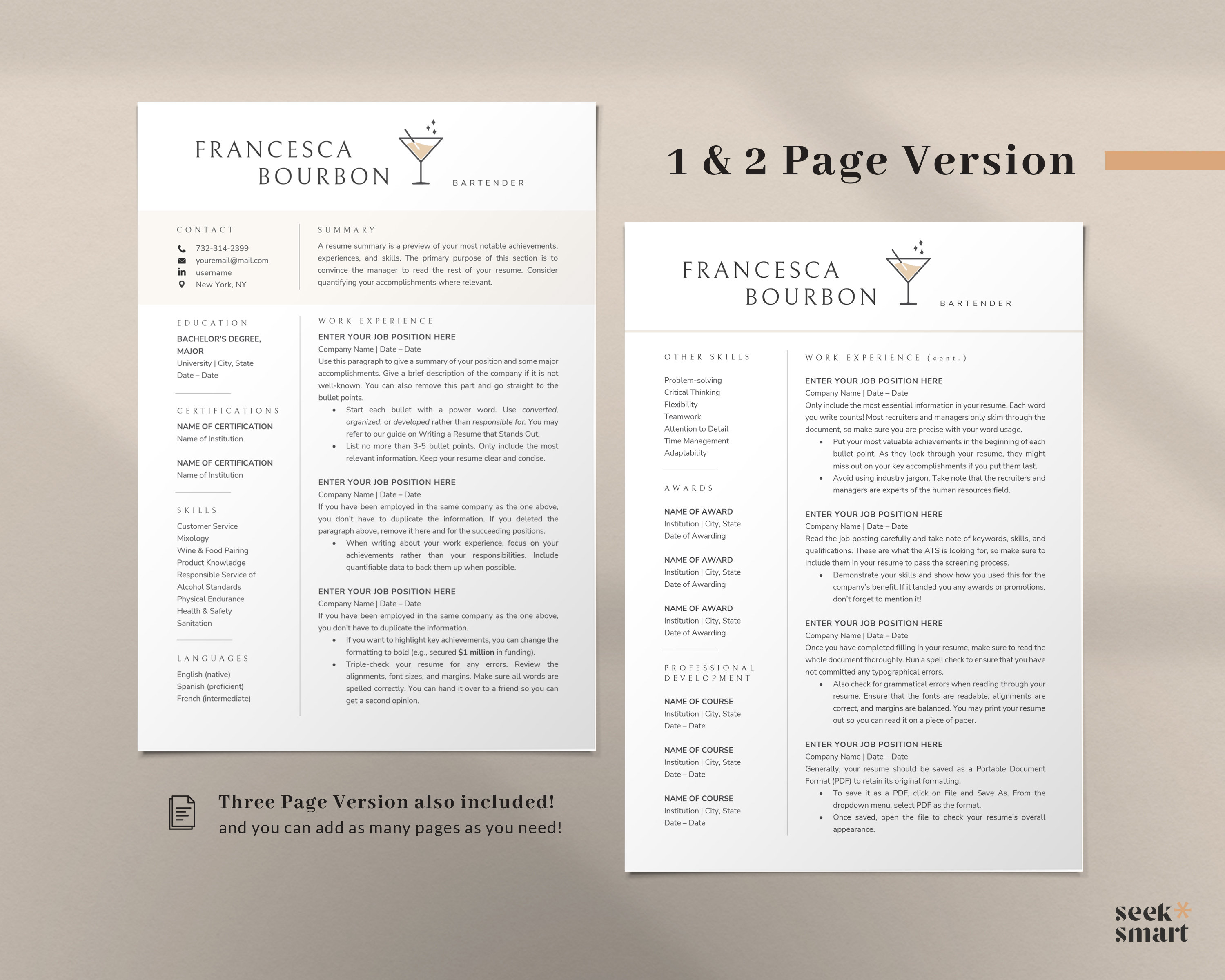 Bartender Resume Template Word, Apple Pages Mac | Hospitality Resume CV ...