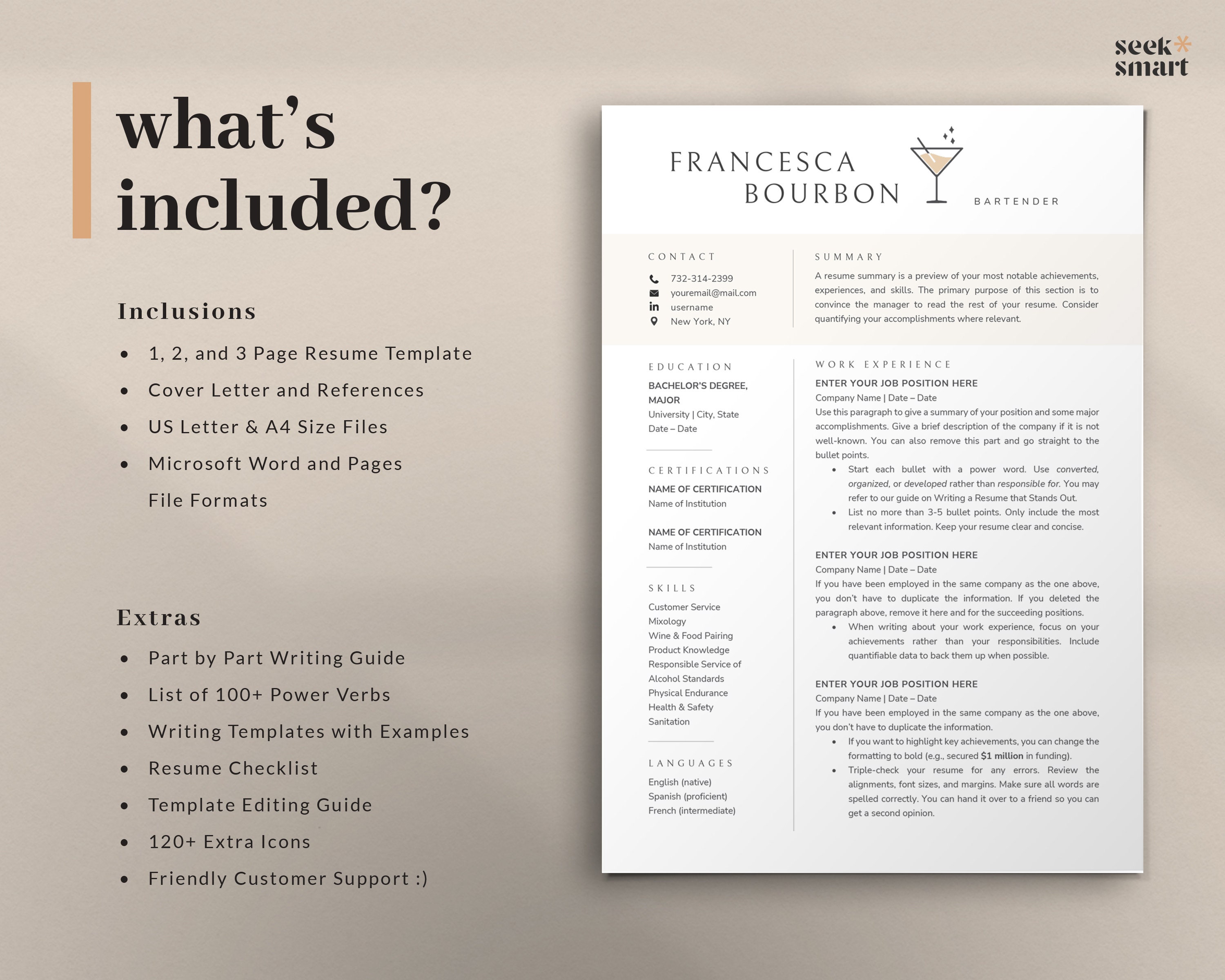 Bartender Resume Template Word, Apple Pages Mac | Hospitality Resume CV ...