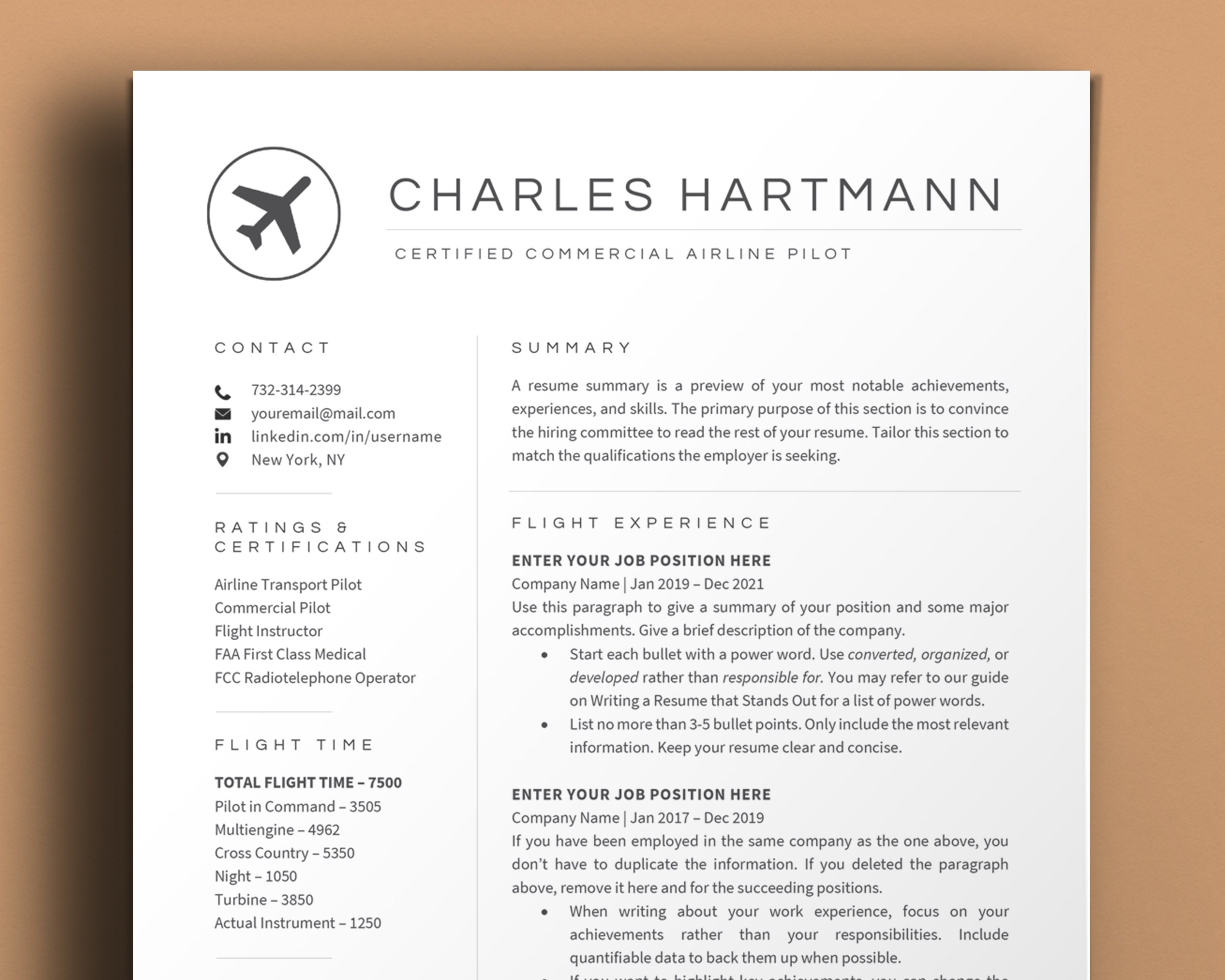 Pilot Resume Template for Aviation Flight Attendant Crew | Etsy Canada