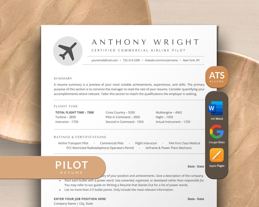 Pilot Resume Template Word, Google Docs, Apple Pages Mac | ATS Friendly ...