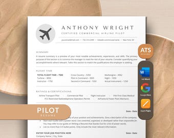 Airline Pilot Resume Template for Word, Modern Pilot Resume Template for Aviation, Airline Pilot ...